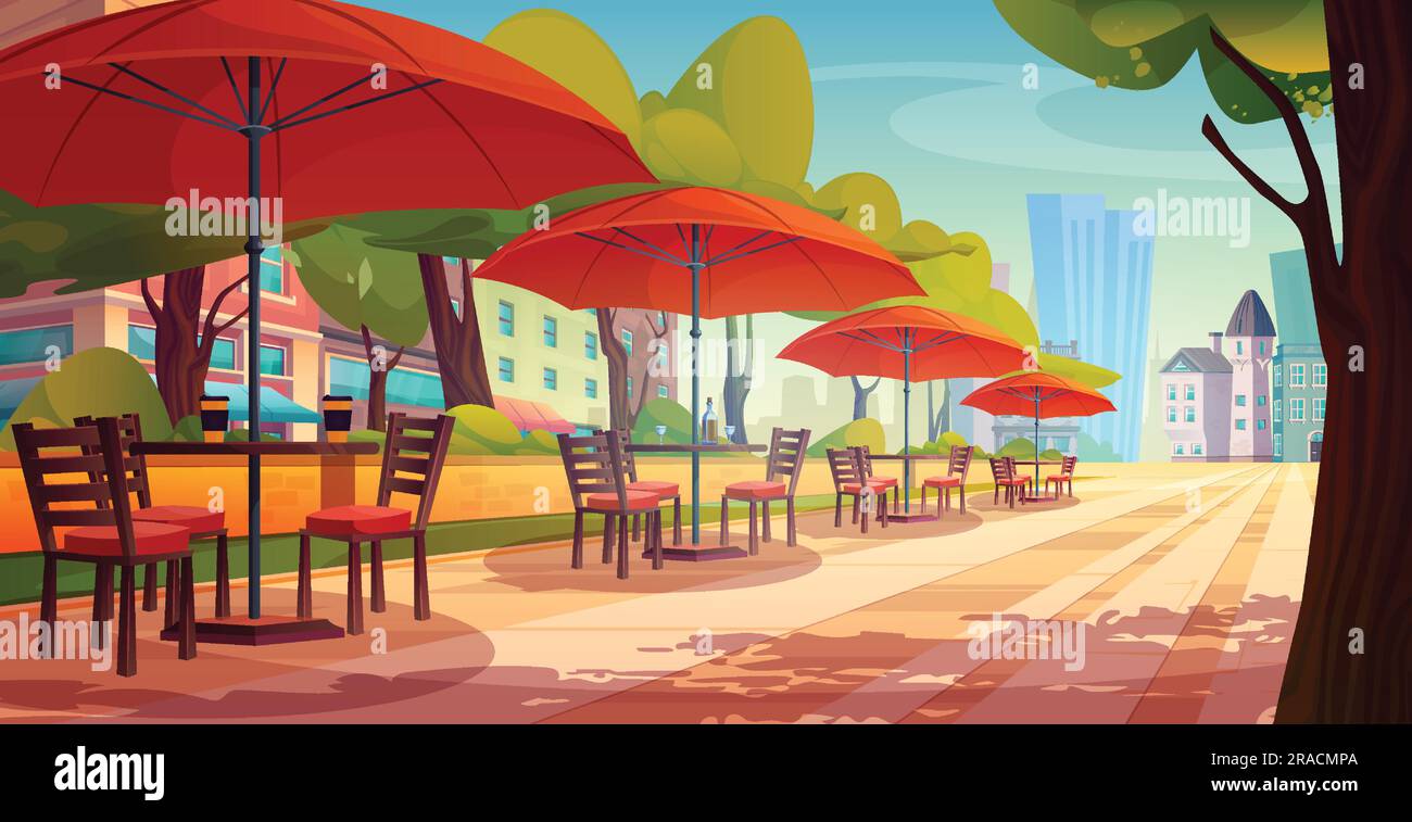 Outdoor street cafe in summer park area cartoon illustration. Outside ...
