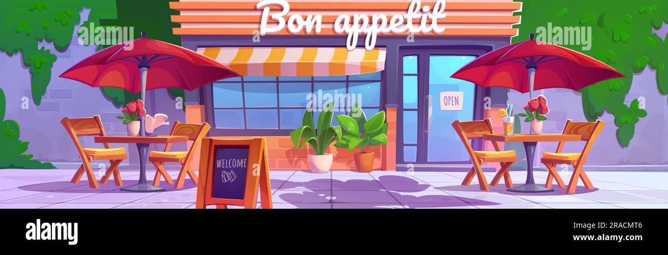 Urban cafeteria facade with furniture outdoors. Vector cartoon ...