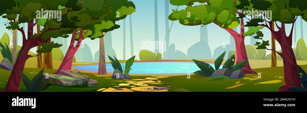 Blue lake in thick summer forest. Vector cartoon illustration of ...