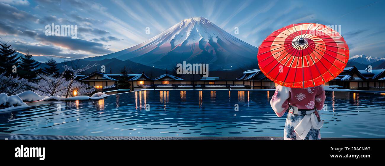 The Sakura at Mount Fuji and Kawaguchiko Lake in Japan. A girl wearing ...