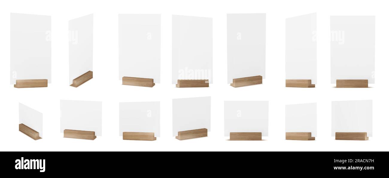 Menu card wood stand 3d vector blank mockup. Paper flyer with wooden ...