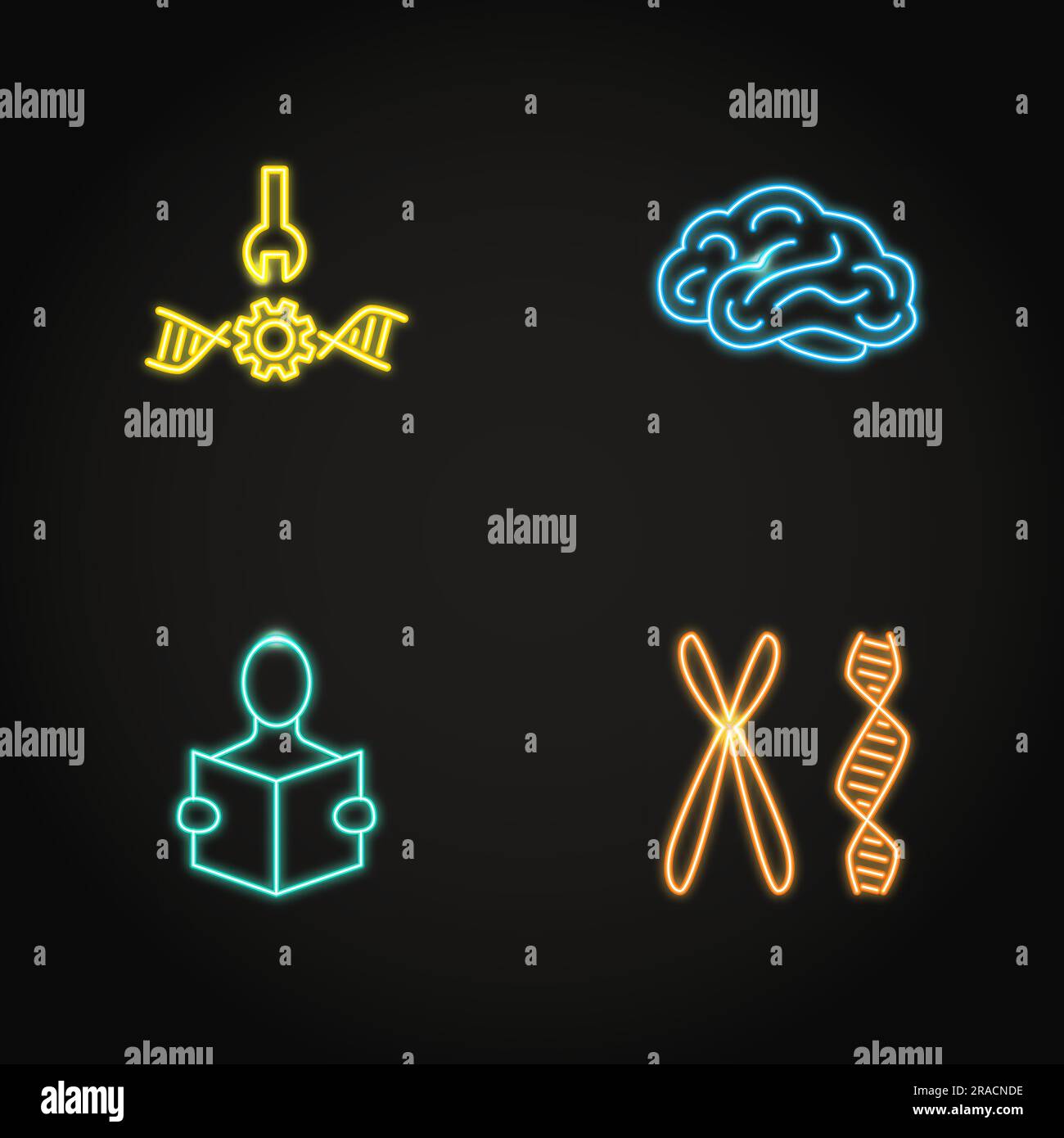 Biohacking concept icon set in neon style. Gene changing symbols ...