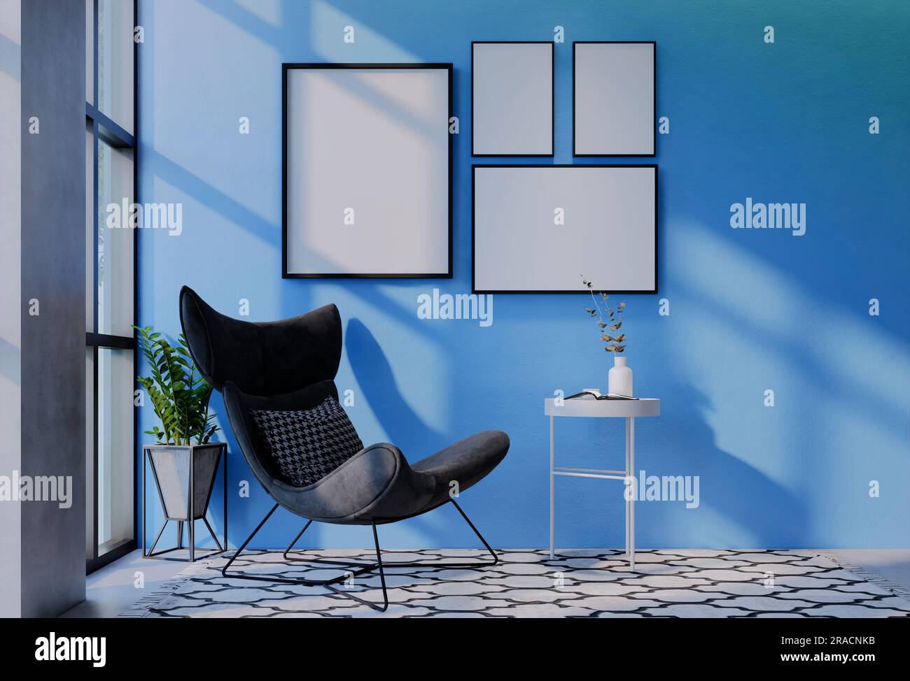 Frame photo mockup with sky blue wall background. 3D Render ...