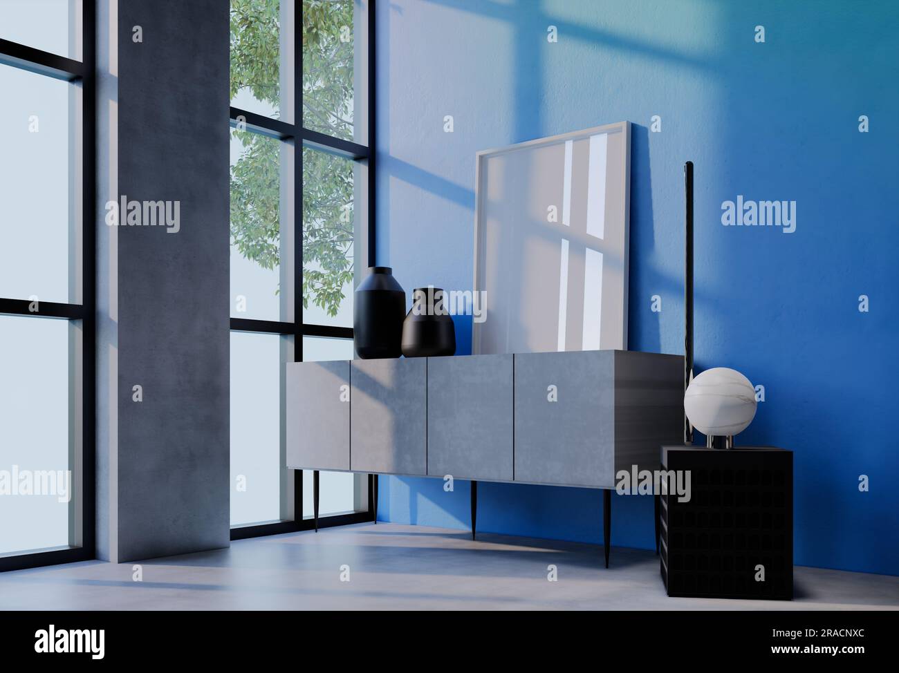 Frame photo mockup with sky blue wall background. 3D Render ...