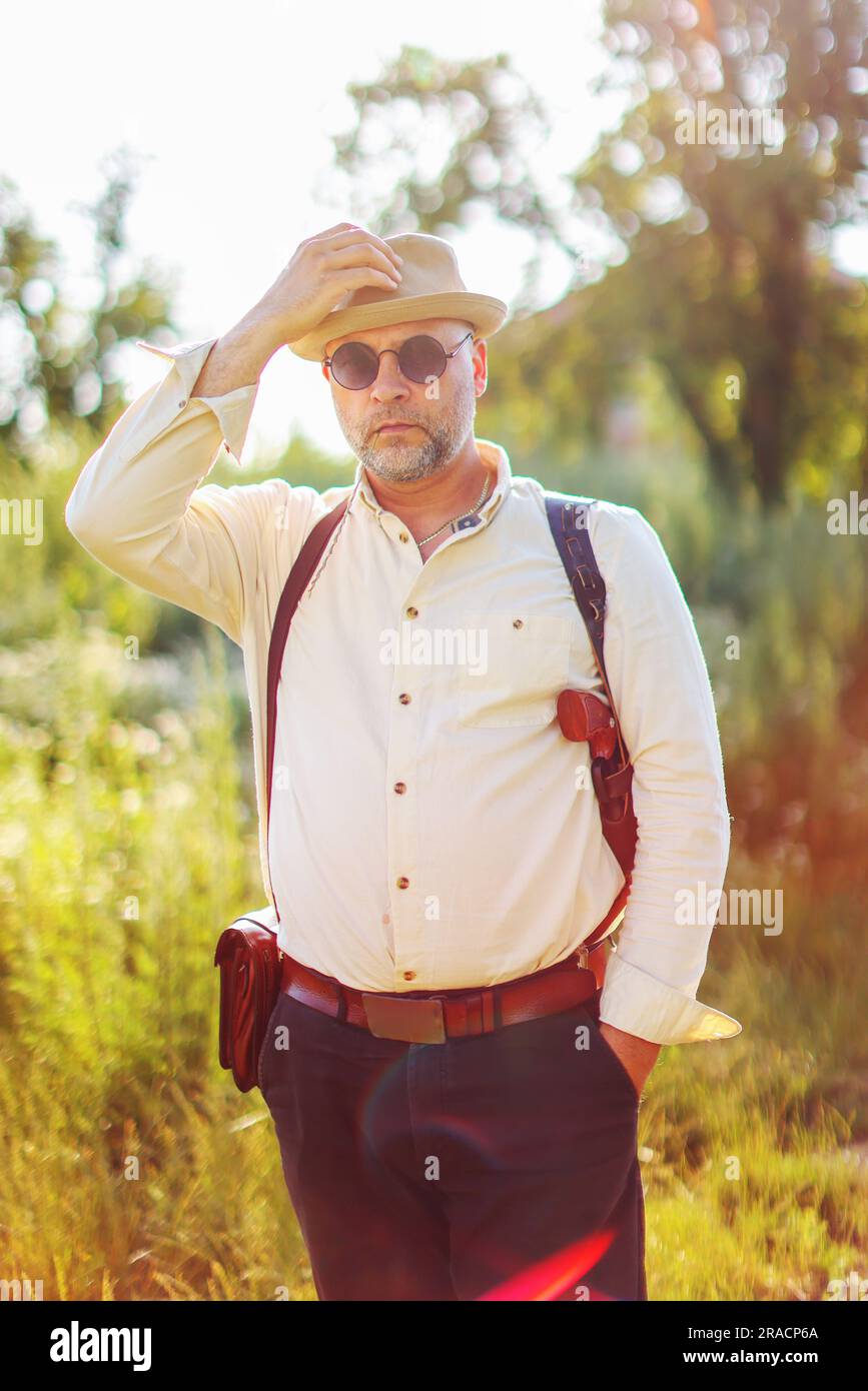 Detective man, portrait for investigation and solution. Comic smile ...