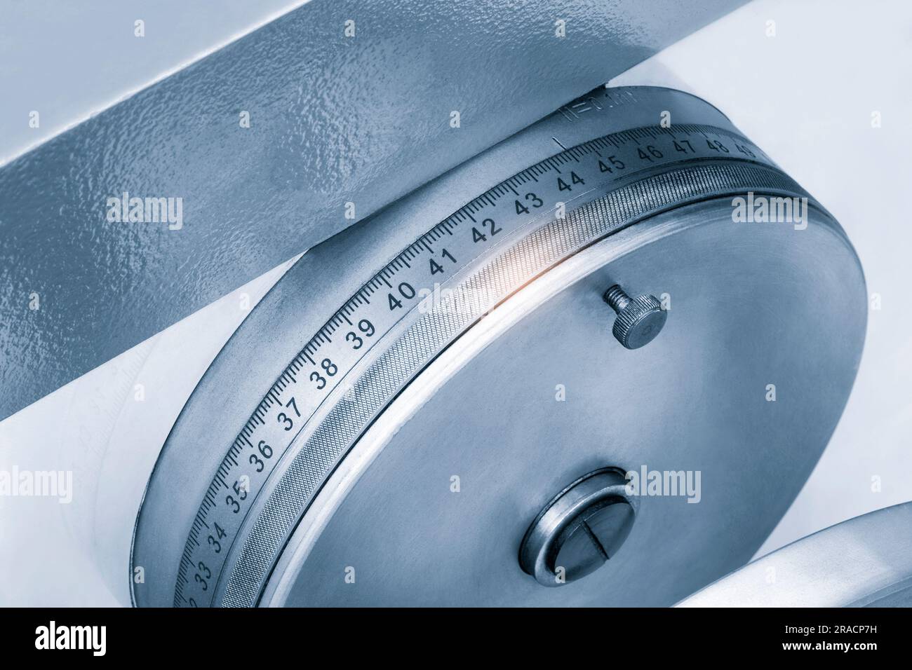 Lathe control knobs close up blue tone. Metal machine tools industry ...