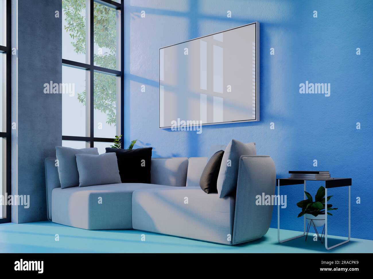 Frame photo mockup with sky blue wall background. 3D Render ...