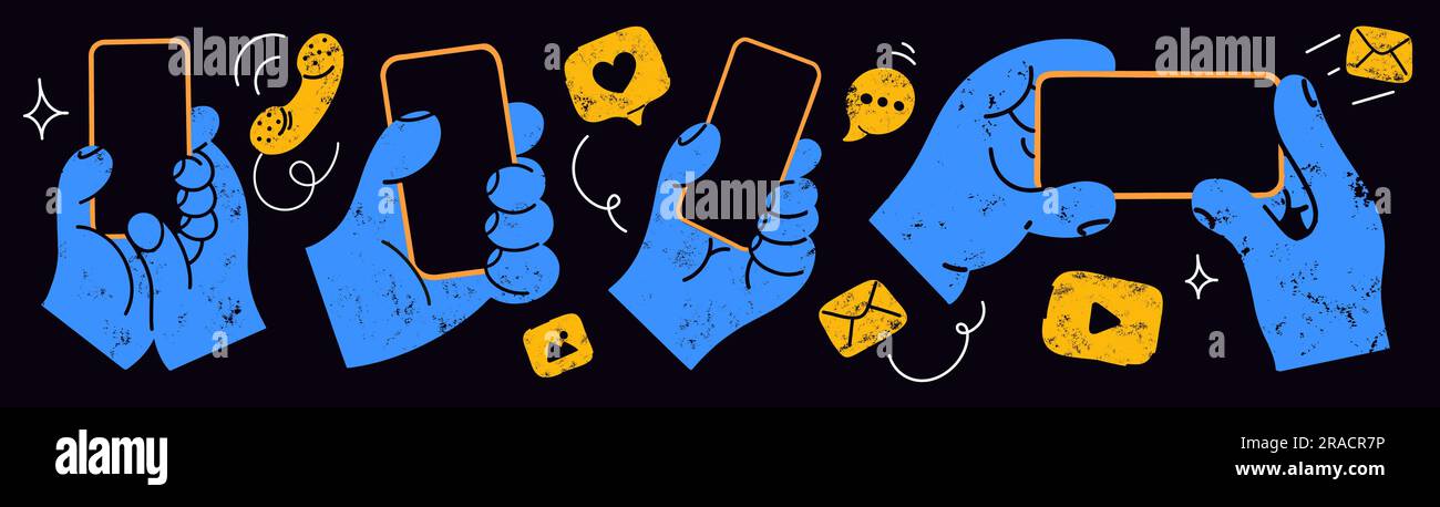 hands holding mobile phones with social media icons Stock Vector Image ...