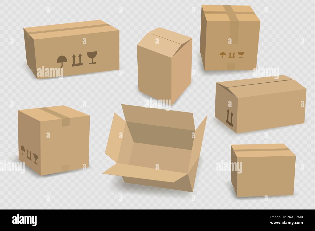 Set of empty cardboard boxes isolated on transparent. Realistic ...
