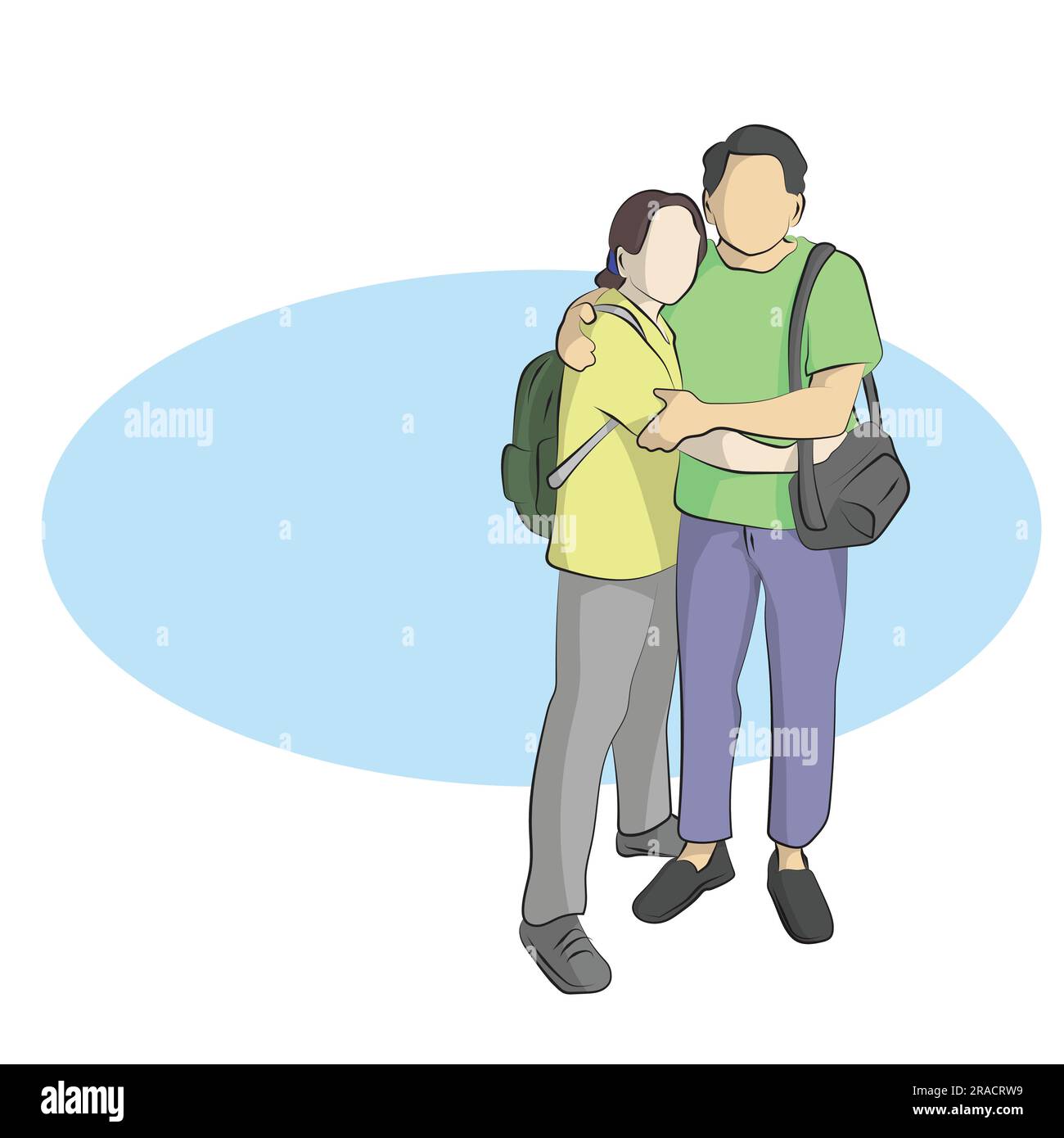 line art lover couple hugging with travel bags illustration vector hand drawn isolated on white ...