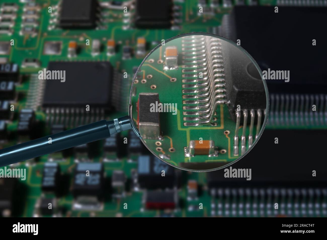 view of printed circuit board with active and passive surface mounted ...