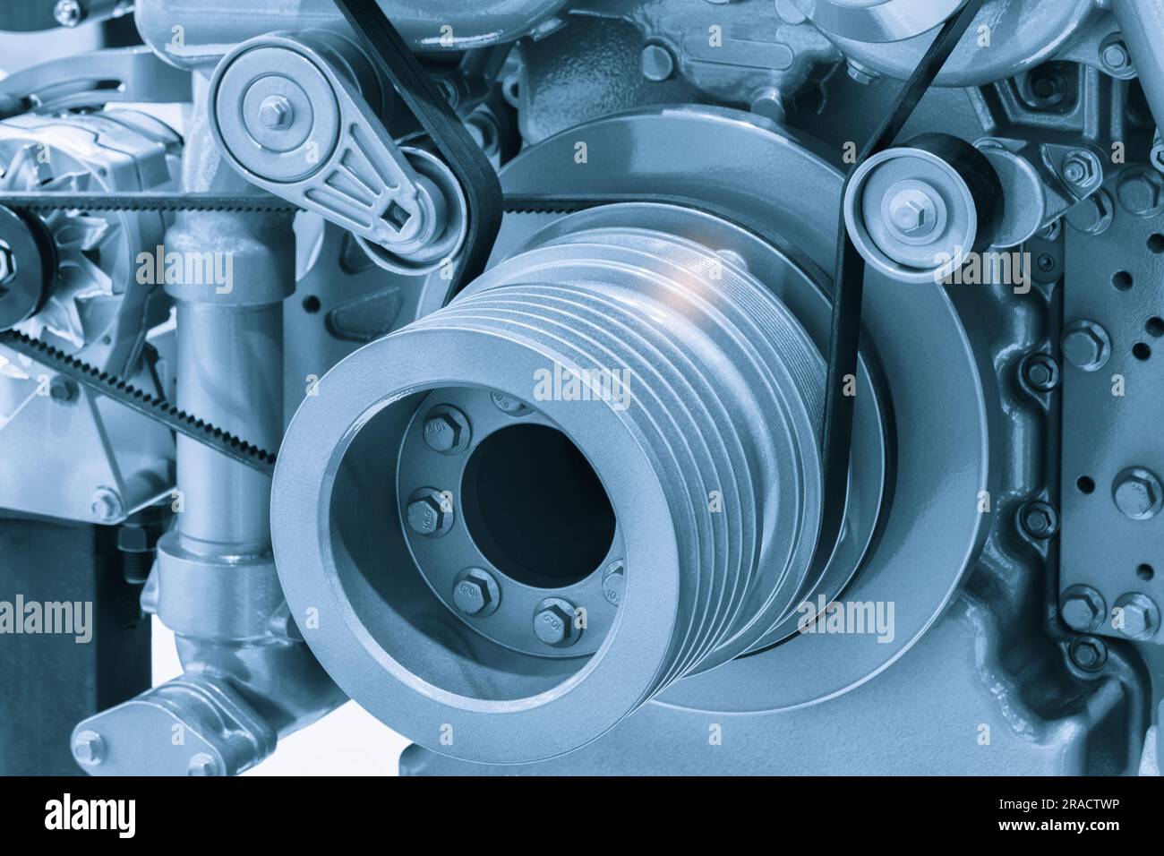 Belt drive of Diesel engine electric generator. Close up car timing ...