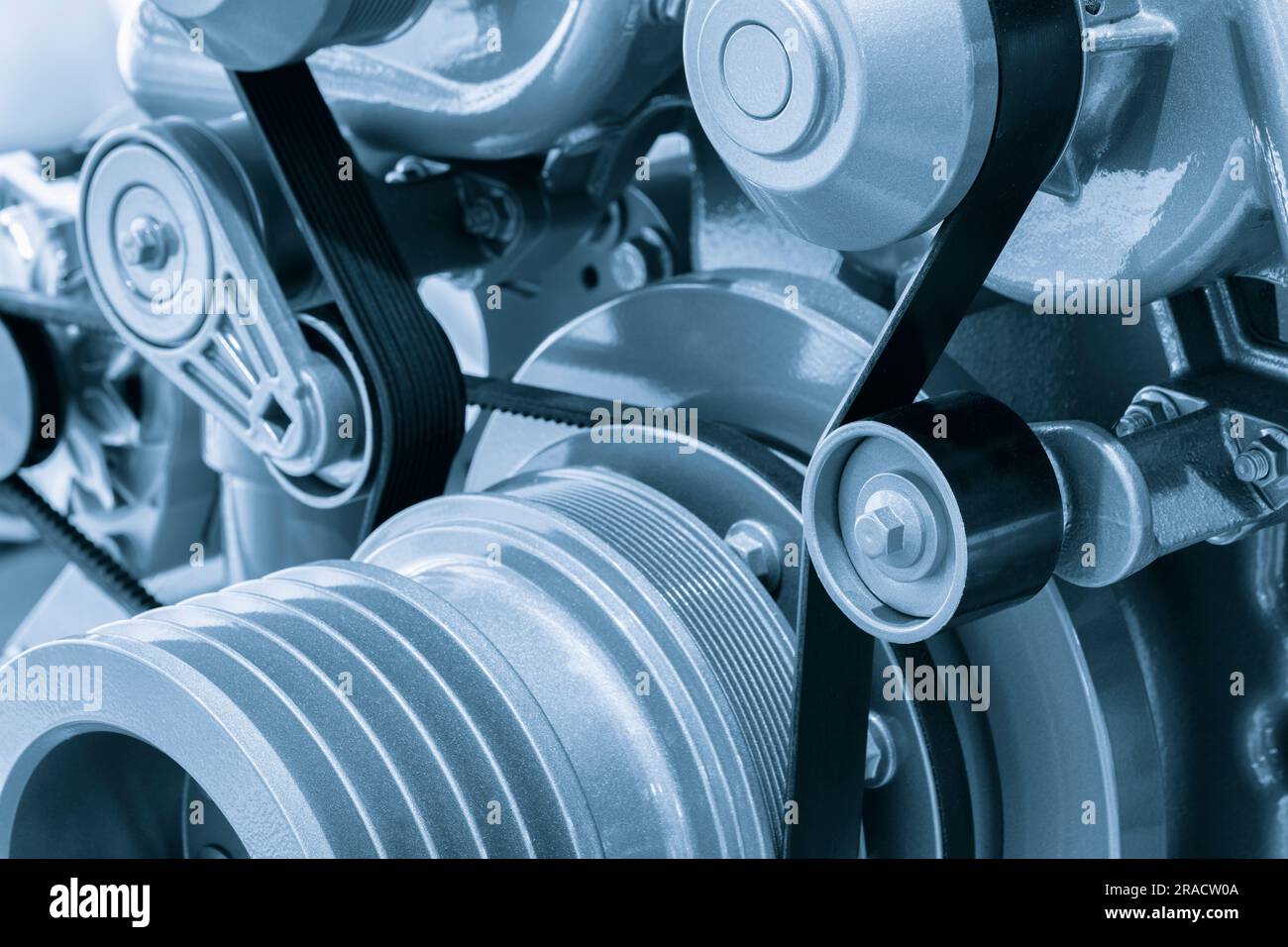 Belt drive of Diesel engine electric generator. Close up car timing ...