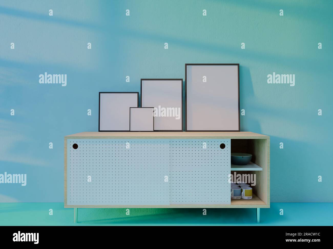 Frame photo mockup with sky blue wall background. 3D Render ...