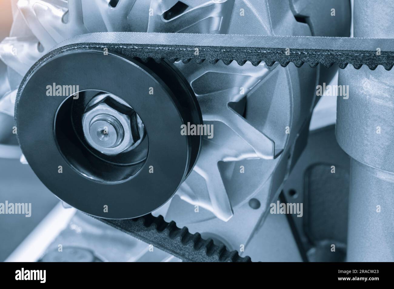 Belt drive of Diesel engine electric generator. Close up car timing ...