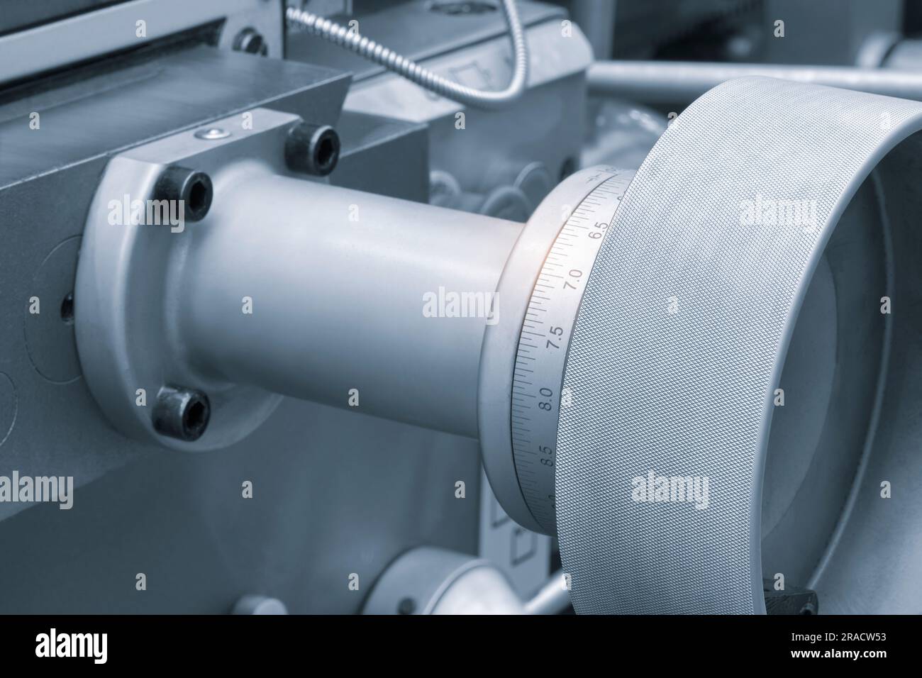 Lathe control knobs close up blue tone. Metal machine tools industry ...