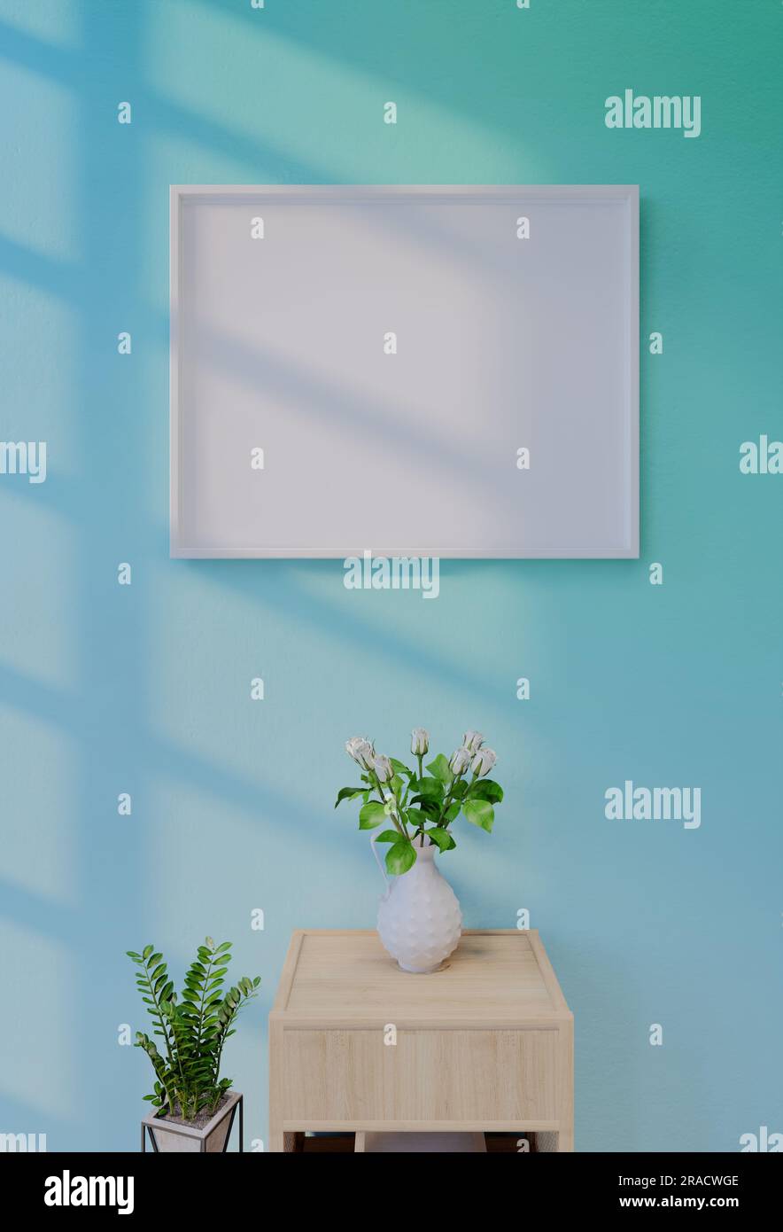 Frame photo mockup with sky blue wall background. 3D Render ...