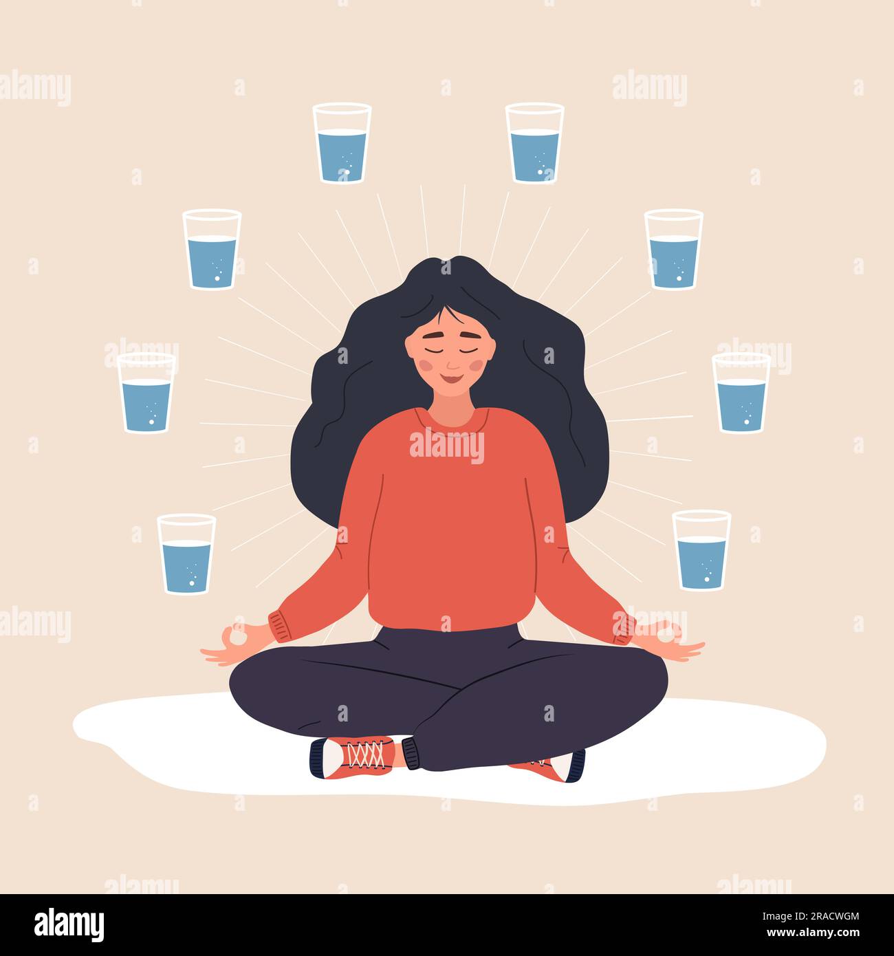 Water Balance Woman In Lotus Position With Glasses Of Water Morning