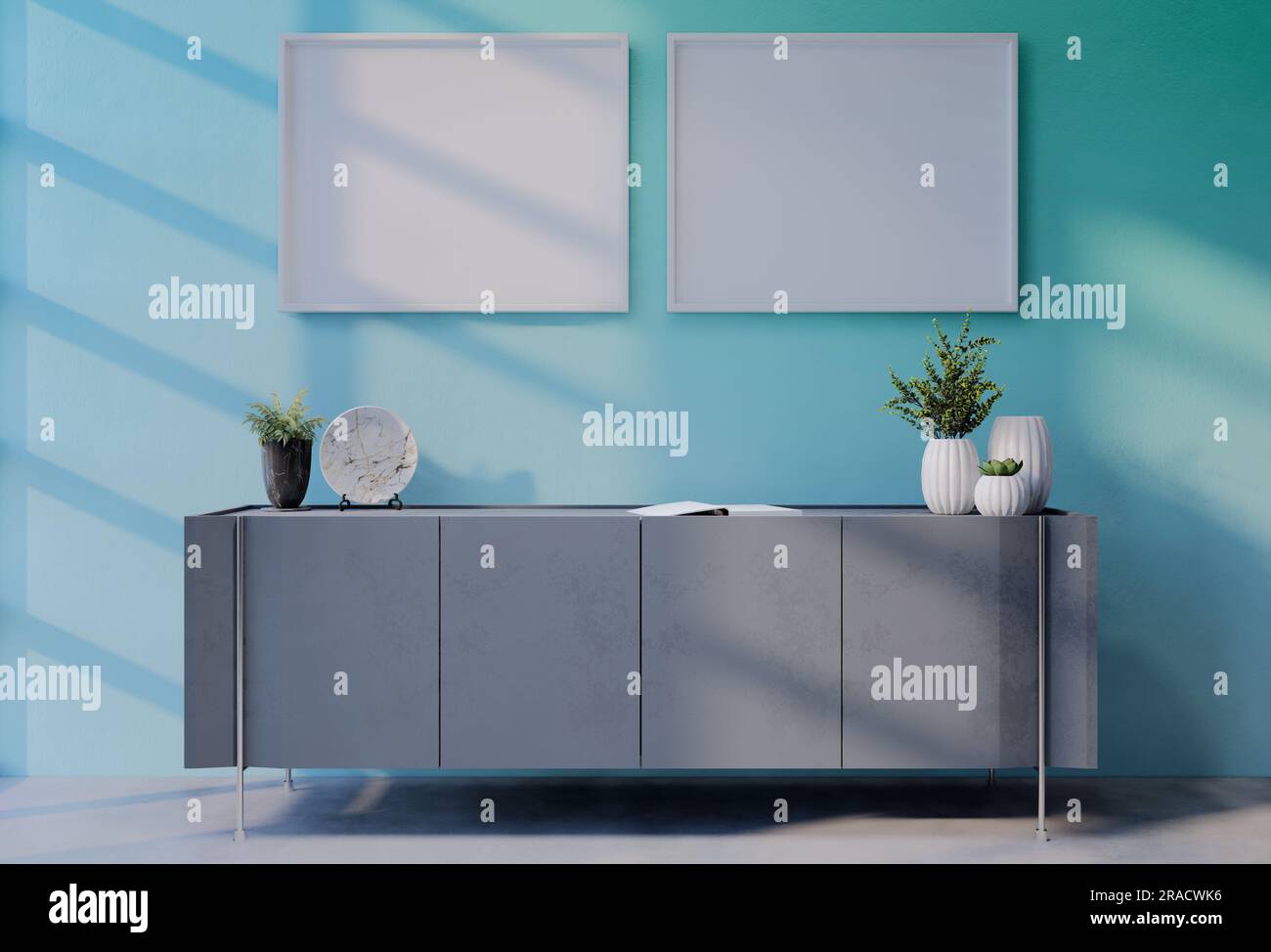 Frame photo mockup with sky blue wall background. 3D Render ...