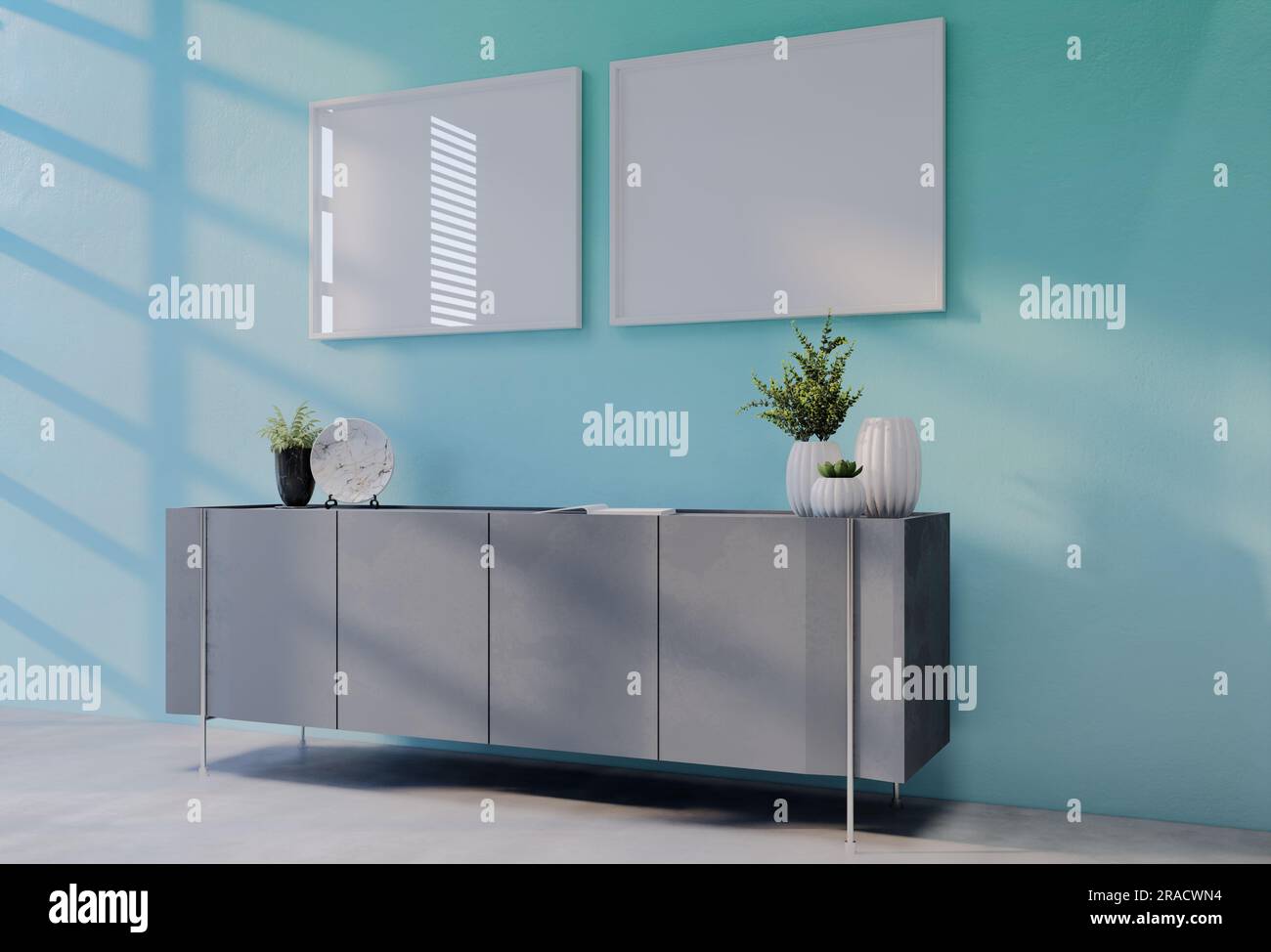 Frame photo mockup with sky blue wall background. 3D Render ...