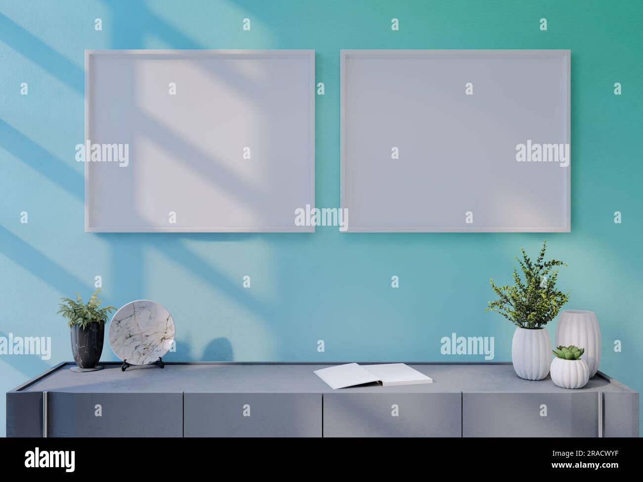 Frame photo mockup with sky blue wall background. 3D Render ...