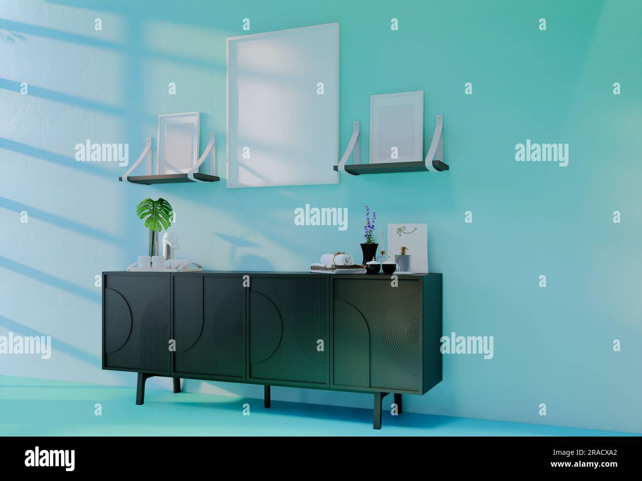 Frame photo mockup with sky blue wall background. 3D Render ...