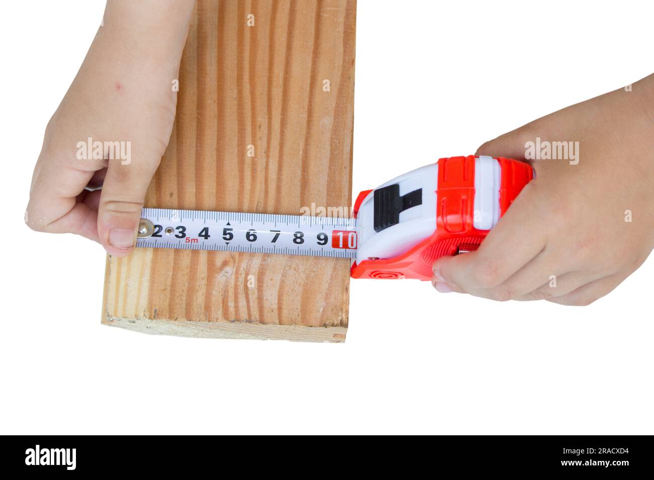 young carpenter measure wooden board tape measure Stock Photo - Alamy