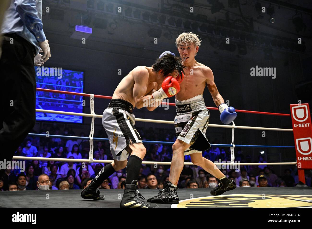 Tokyo. 1st July, 2023. Kenta Nakagawa (red gloves) of Japan and Joe Shiraishi (blue gloves) of ...