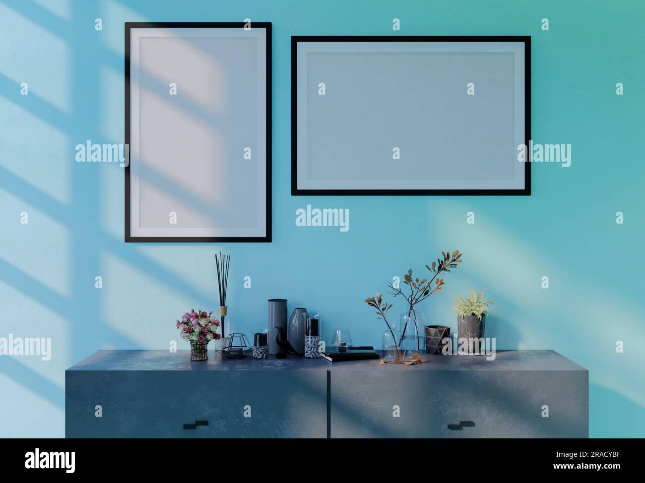 Frame photo mockup with sky blue wall background. 3D Render ...