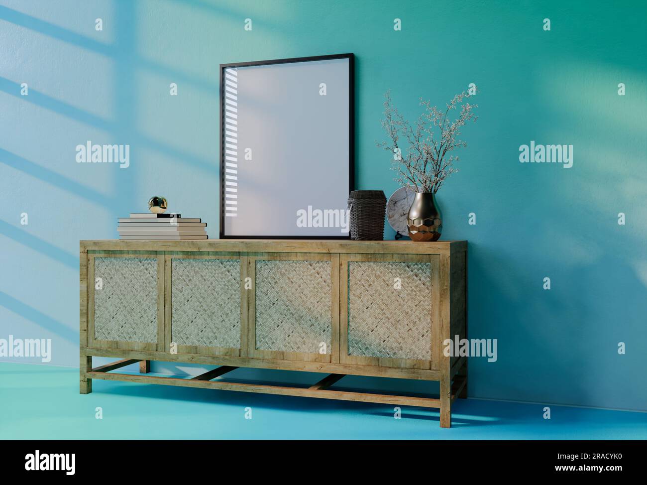 Frame photo mockup with sky blue wall background. 3D Render ...