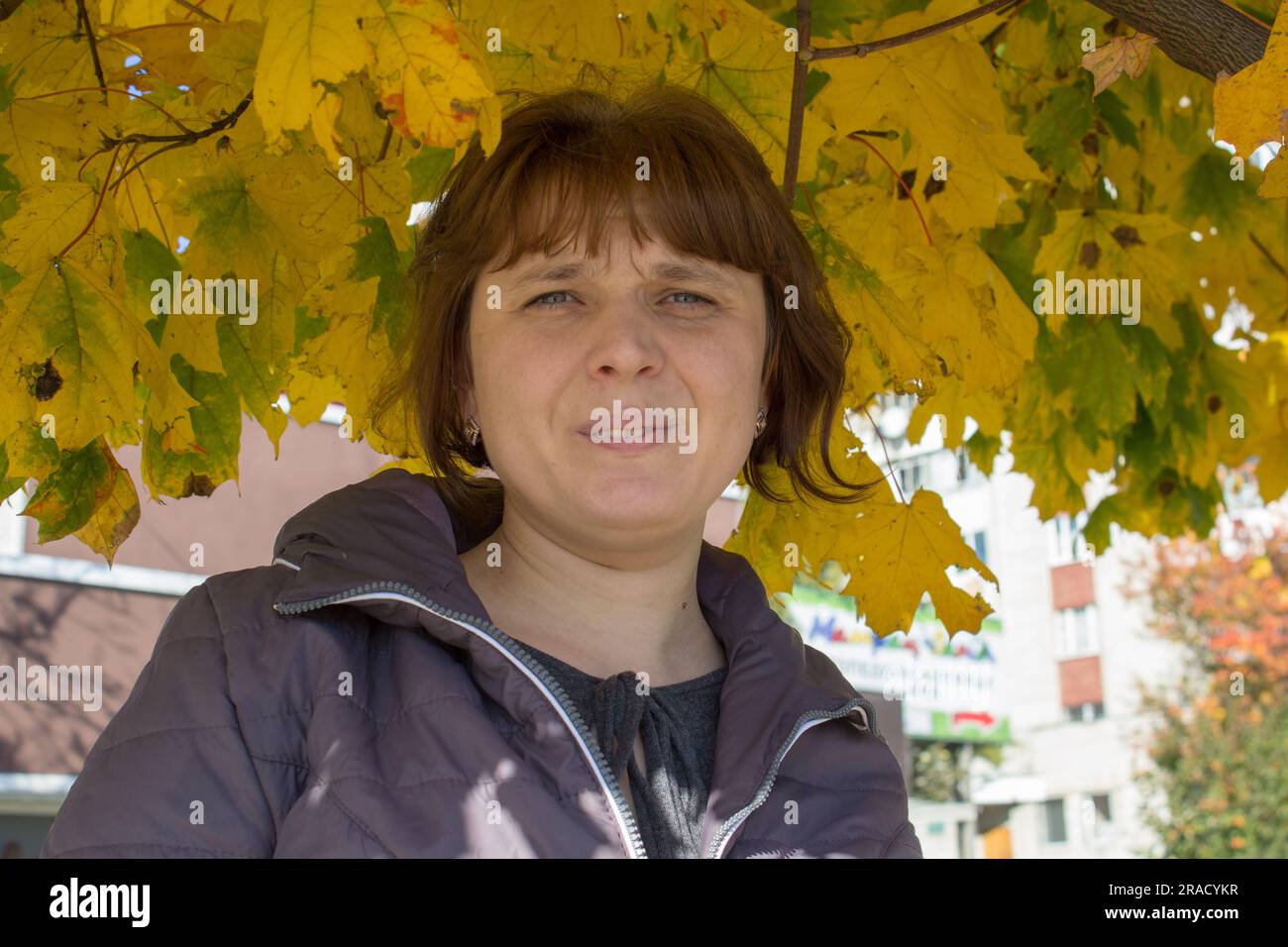 standing under a maple tree autumn woman with a short haircut Stock ...