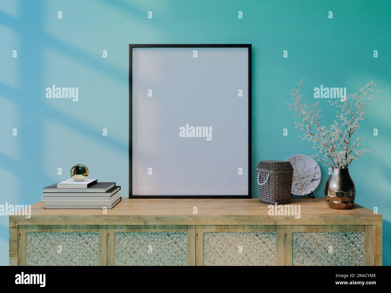 Frame photo mockup with sky blue wall background. 3D Render ...