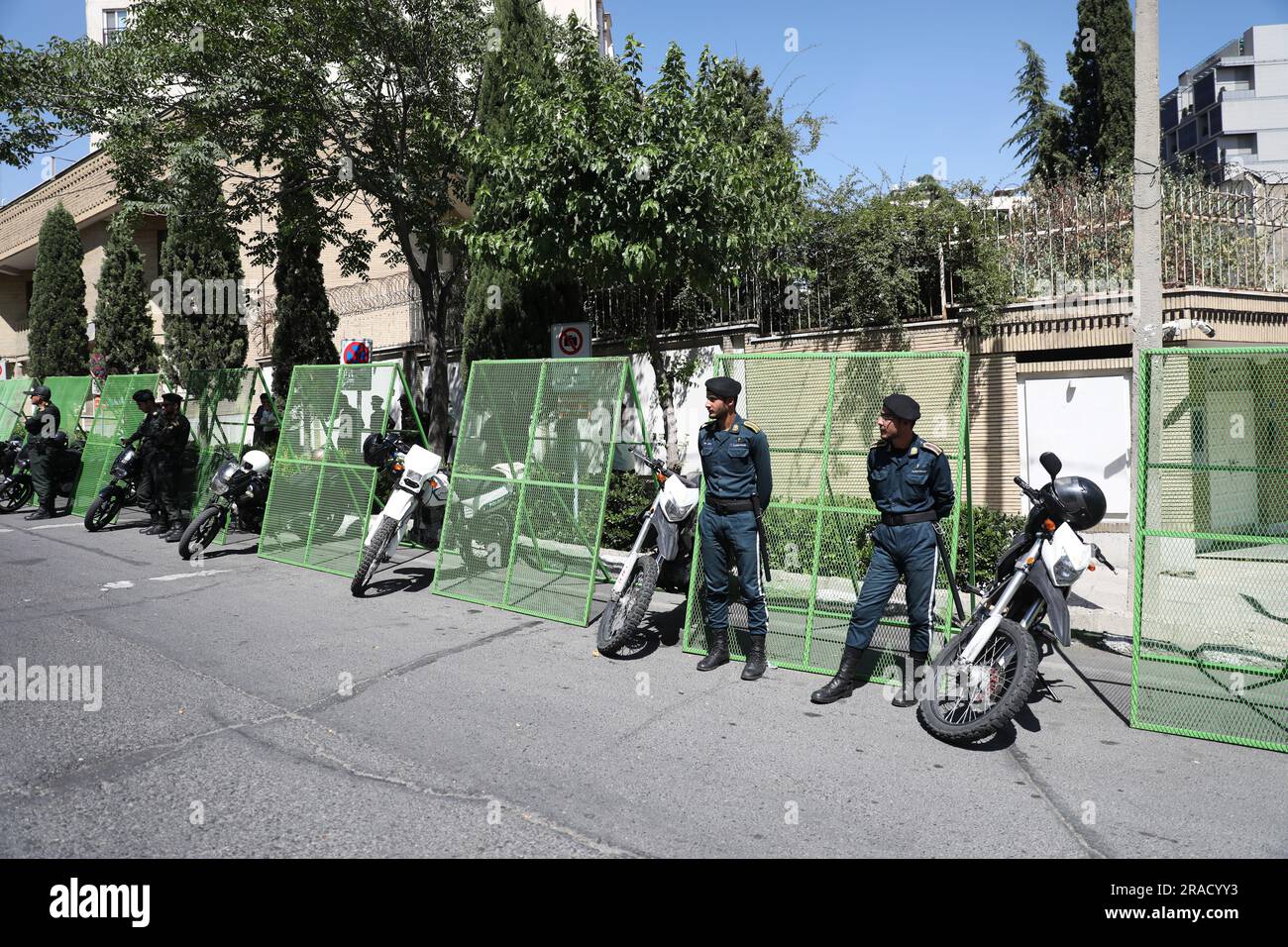Tehran, Iran. 30th June, 2023. The Iranian police guard the Swedish ...