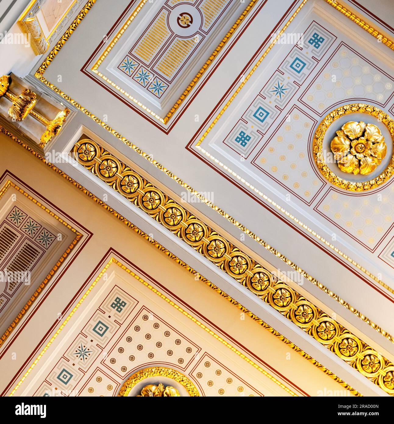 Interior of early Victorian Pall Mall club, showing the ornate ceiling ...