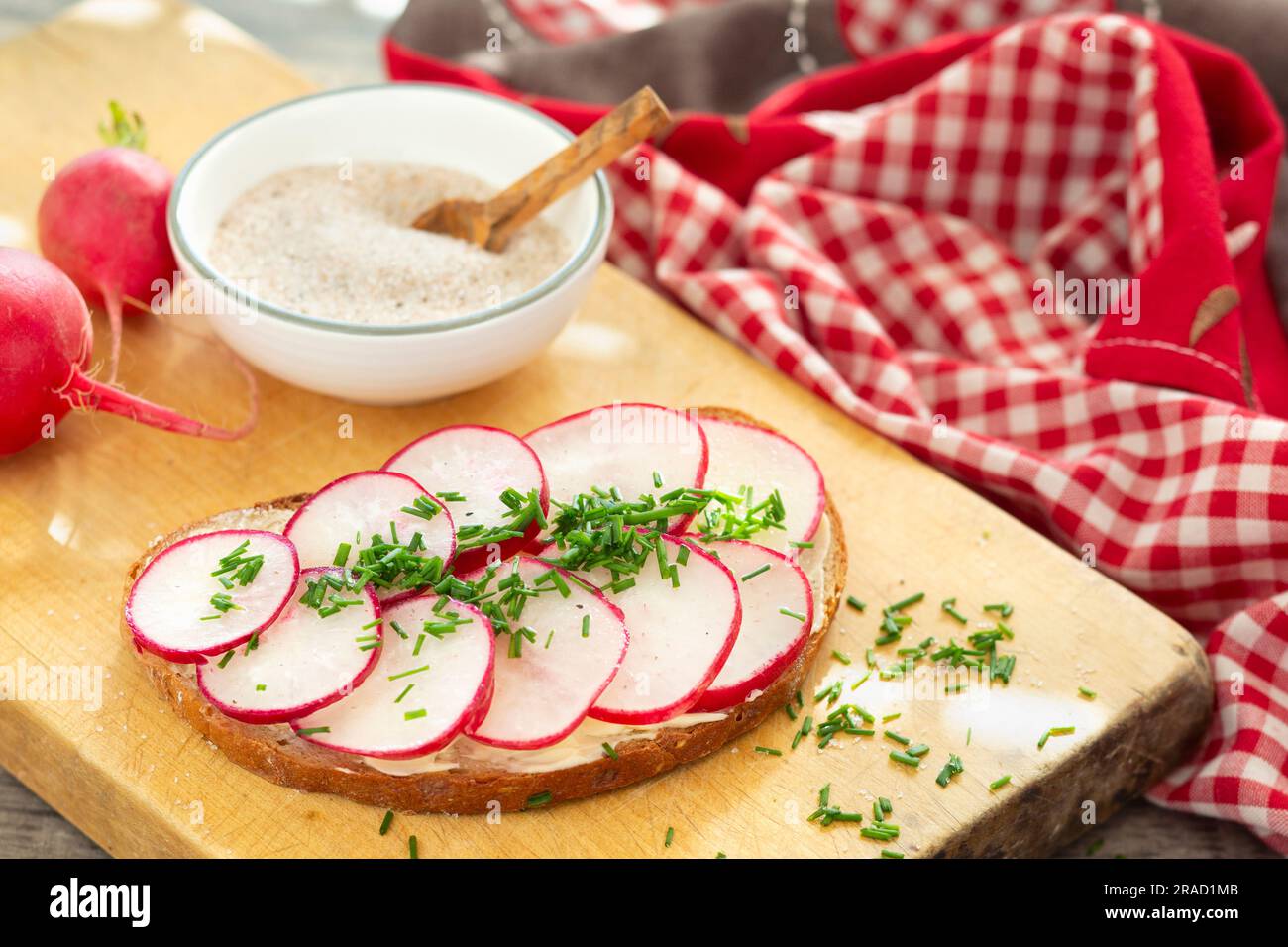 Radish bread with butter and chives Stock Photo - Alamy