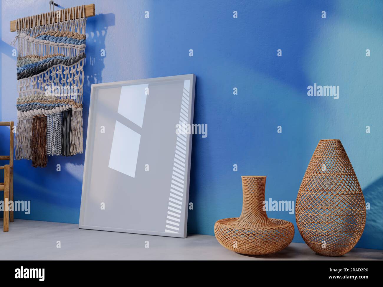 Frame photo mockup with sky blue wall background. 3D Render ...