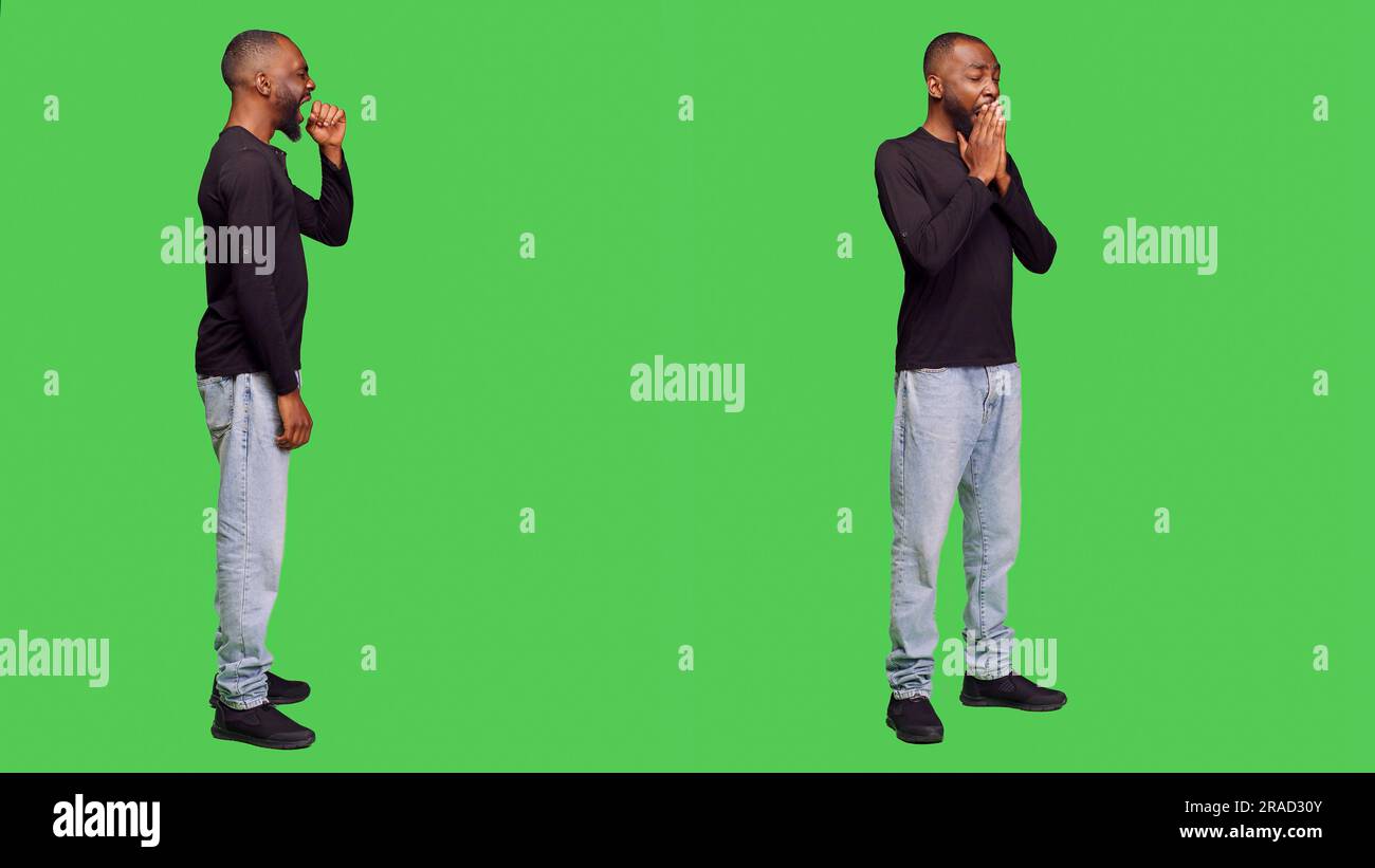 Casual model feeling fatigued and yawning in studio, falling asleep ...