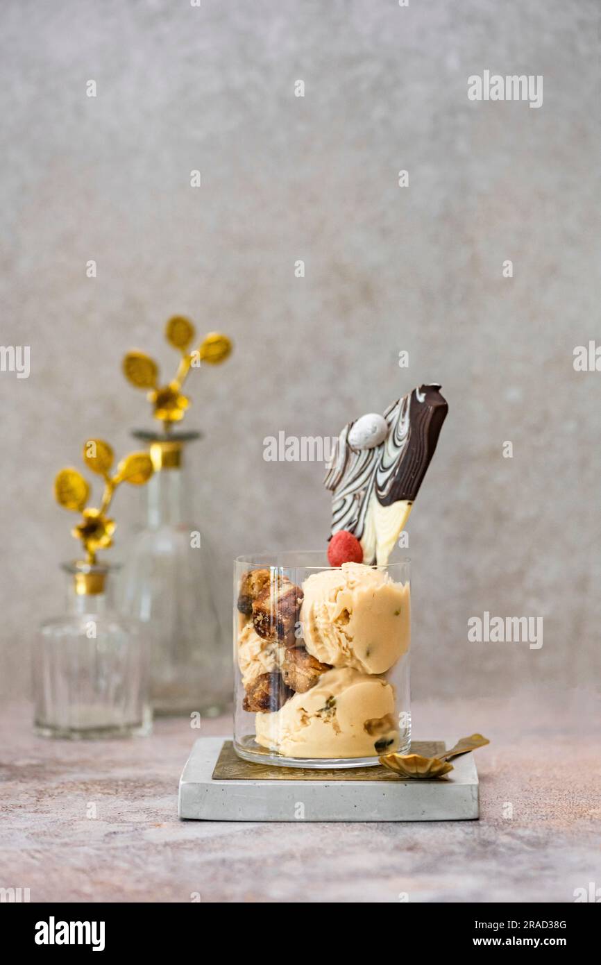 No-churn caramel ice cream with hot cross bun croutons and chocolate ...