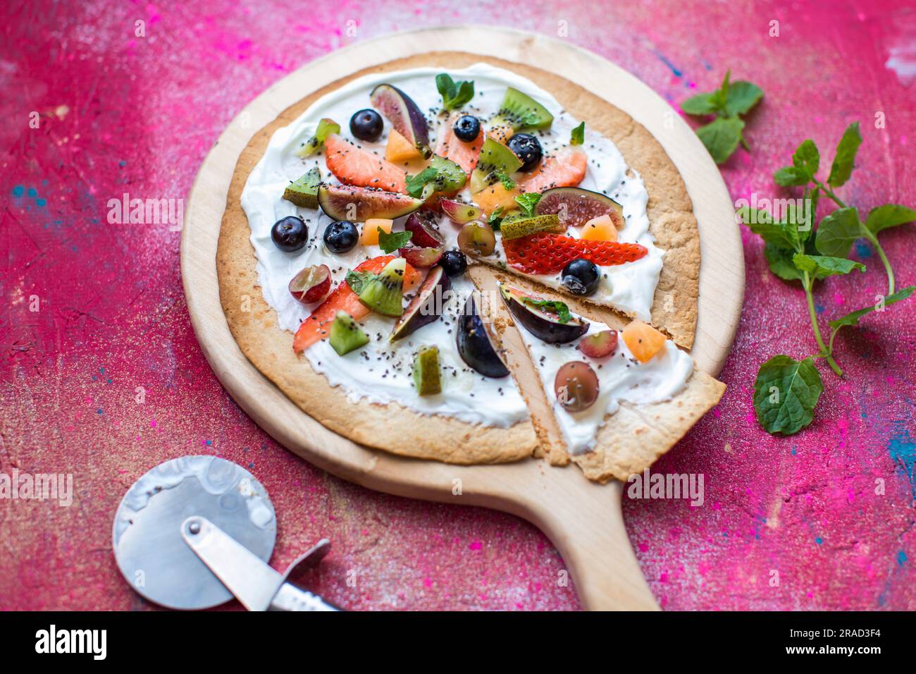 Fruit Pizza made from a toasted Tortilla wrap base, with natural yogurt ...