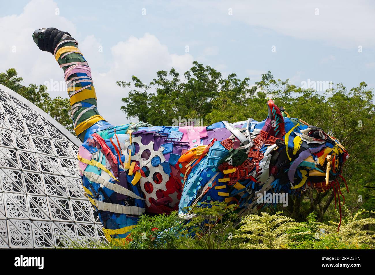 Art installation made of recycled plastic or waste produced by human ...