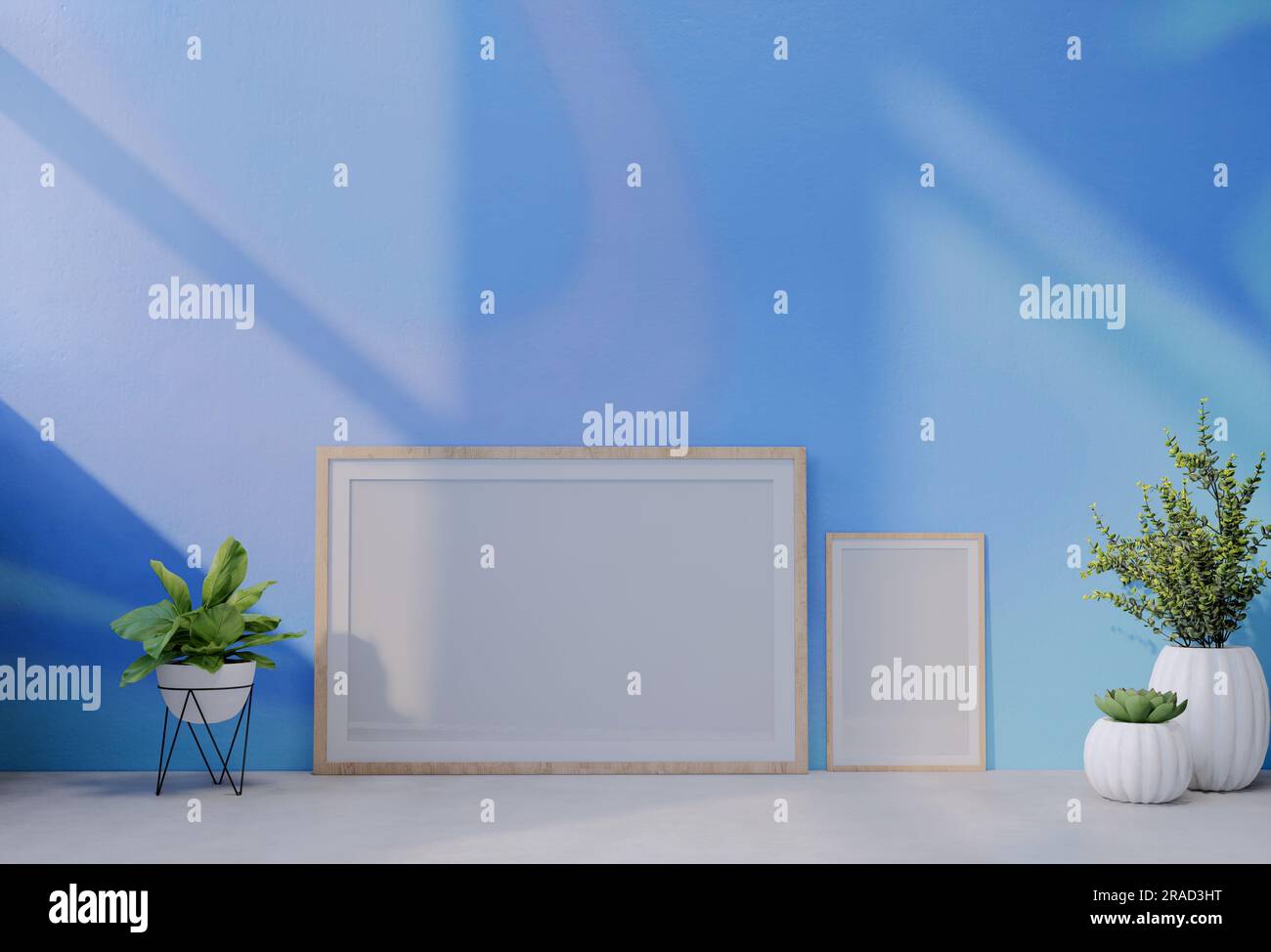 Frame photo mockup with sky blue wall background. 3D Render ...