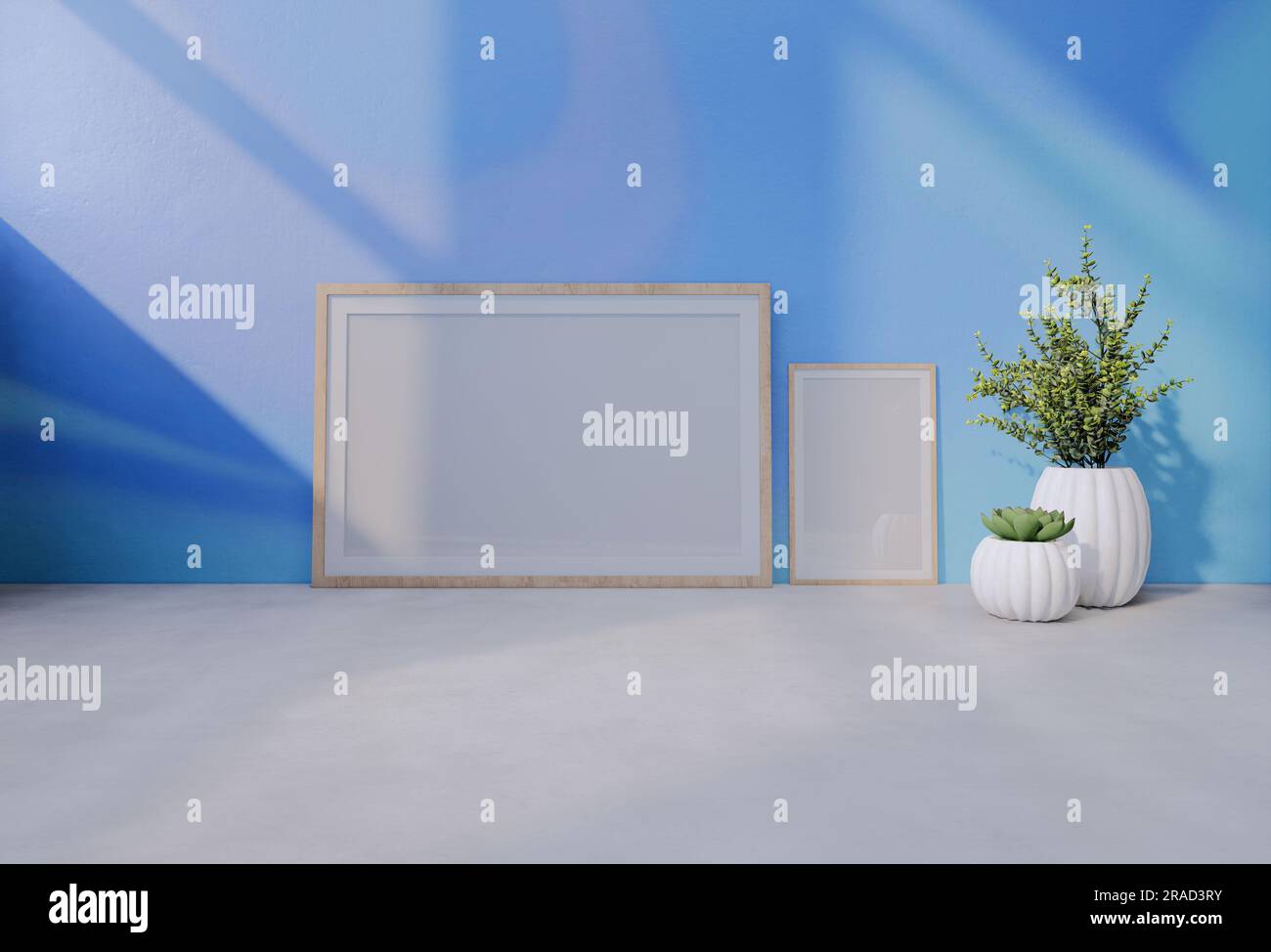 Frame photo mockup with sky blue wall background. 3D Render ...