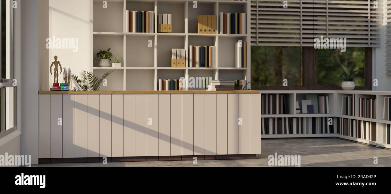 Interior design of a modern minimal and cozy reading room or bookstore ...