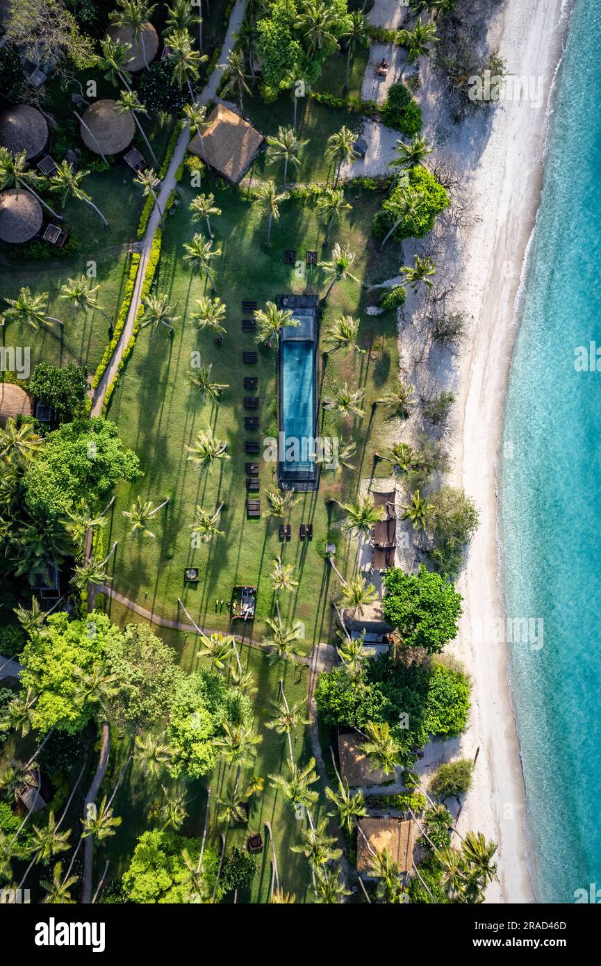 Aerial view of Haad Tien Beach and resort in Shark Bay, koh Tao ...
