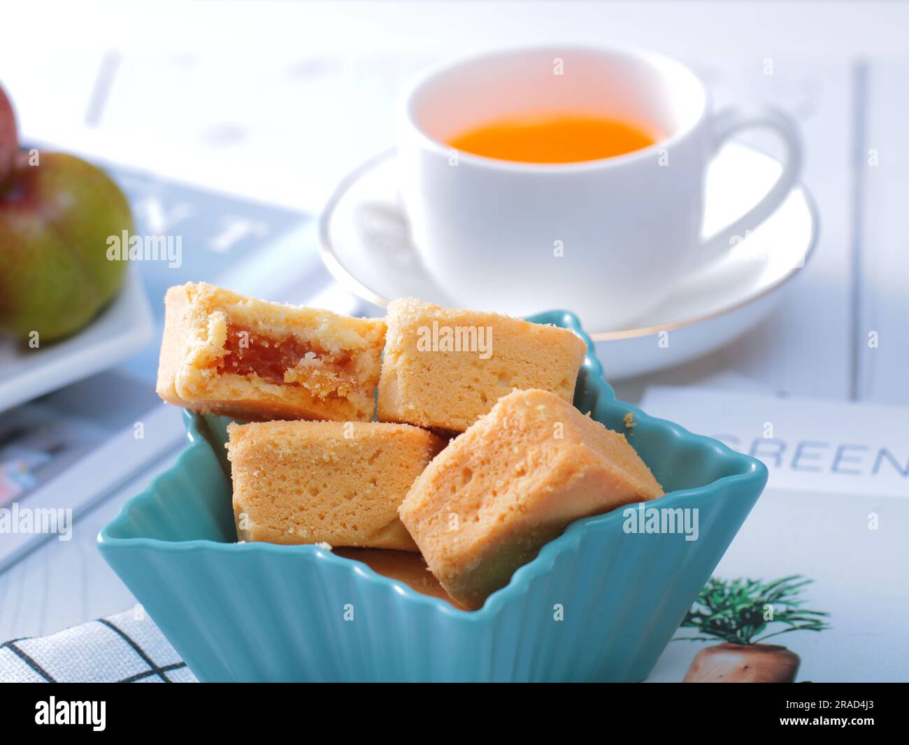 Breakfast Table Cake Wooden Fork Card Marble Tabletop Fruit Morning Tea ...