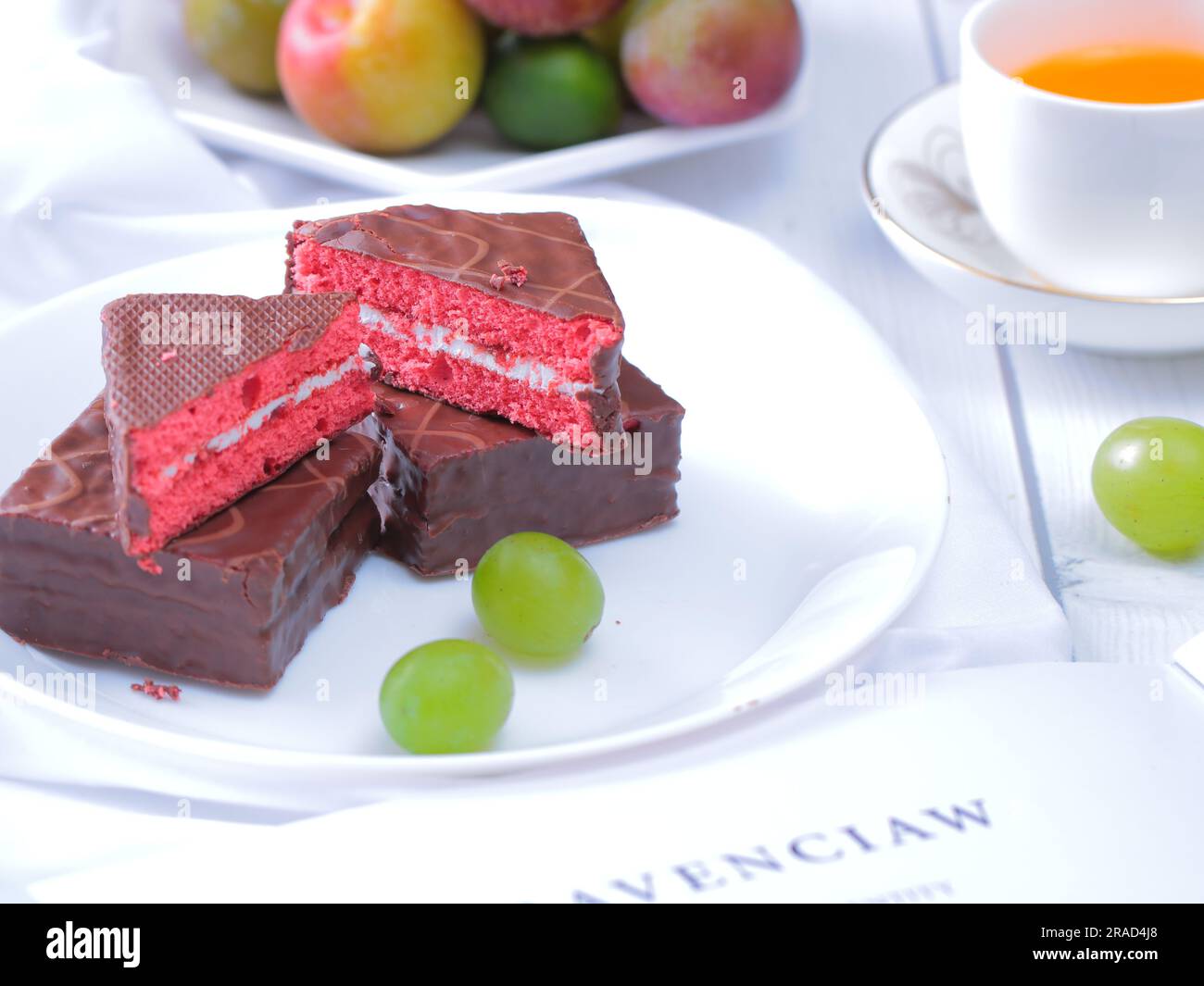 Breakfast Table Cake Wooden Fork Card Marble Tabletop Fruit Morning Tea ...