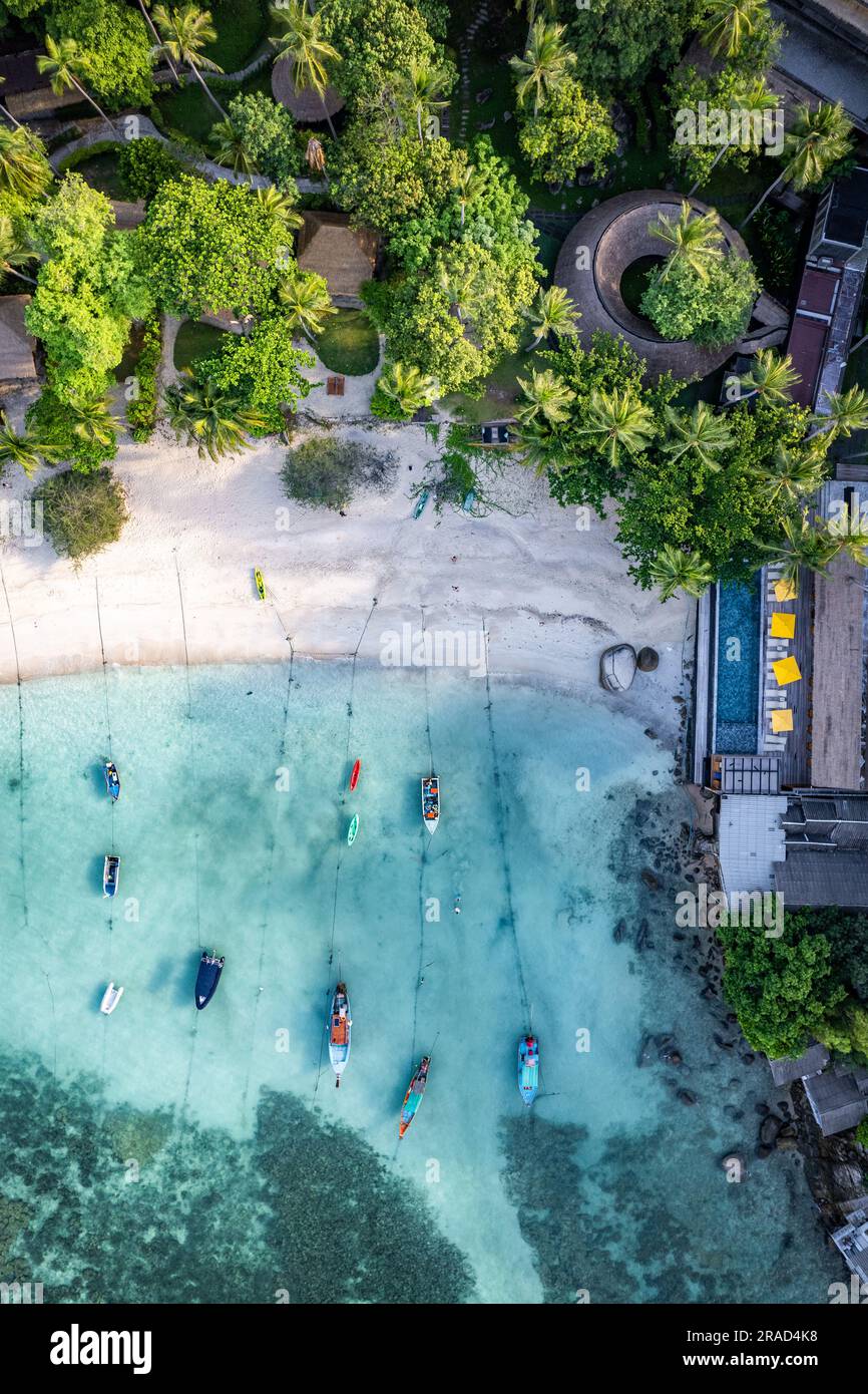 Aerial view of Haad Tien Beach and resort in Shark Bay, koh Tao ...