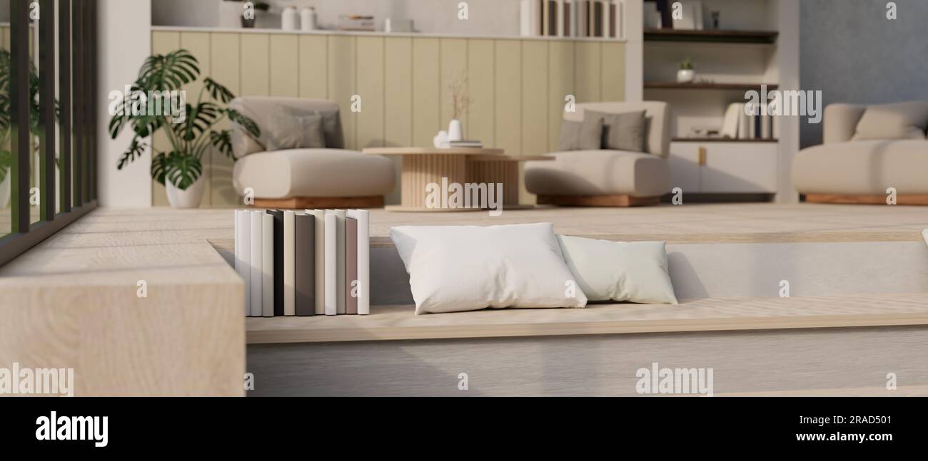 Close up view of modern minimal living room with stairs for sitting ...