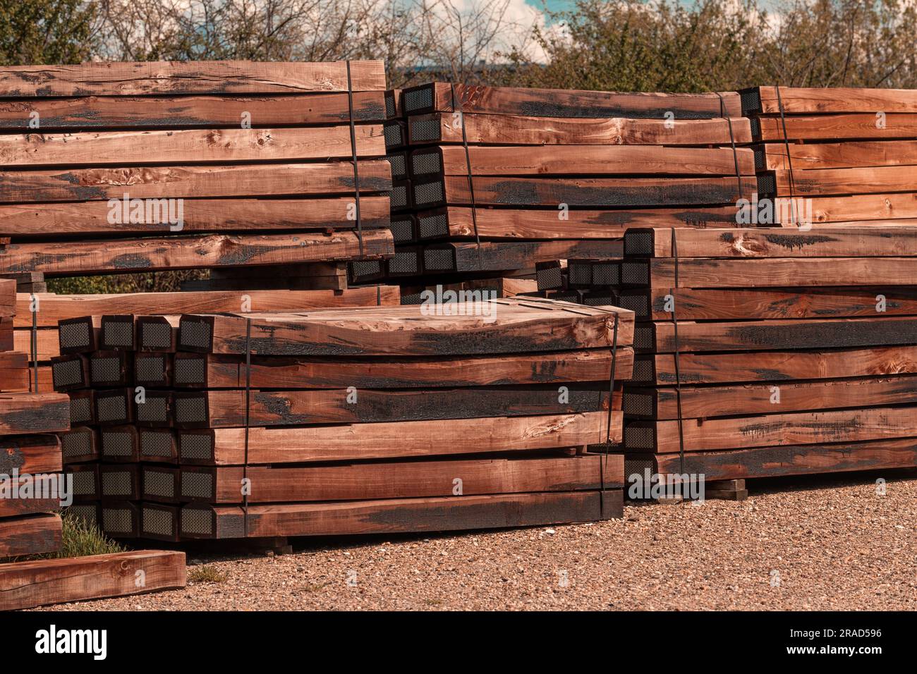 Massive stack of wooden railway sleepers ready to be installed on ...