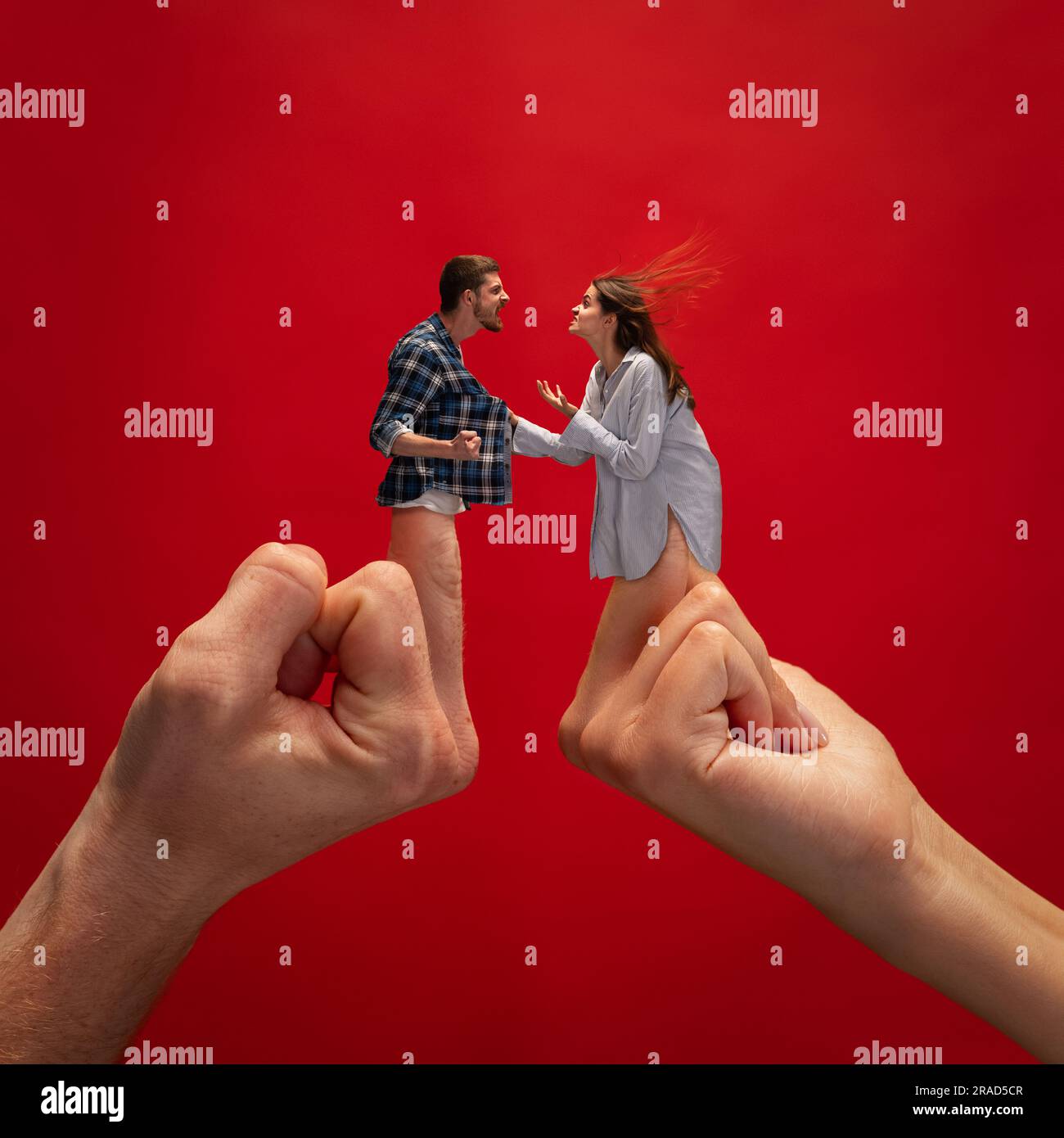 Creative collage with hands. Young man and woman, couple emotionally ...